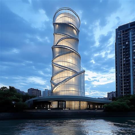 Arafed Spiral Building With A Glass Facade And A River In Front