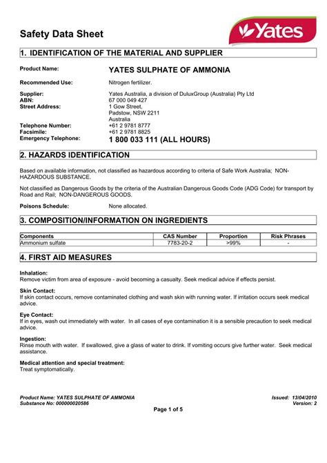 Yates Sulphate Of Ammonia Msds