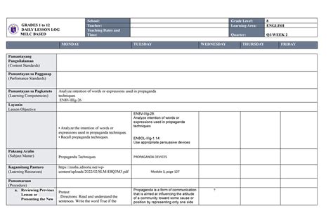 MELC DLL ENG WEEK Q Done GRADES To DAILY LESSON LOG MELC BASED School Grade Level