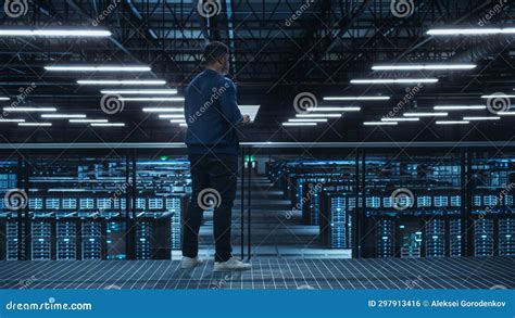 Data Center Engineer Using Laptop Computer Server Farm Cloud Computing