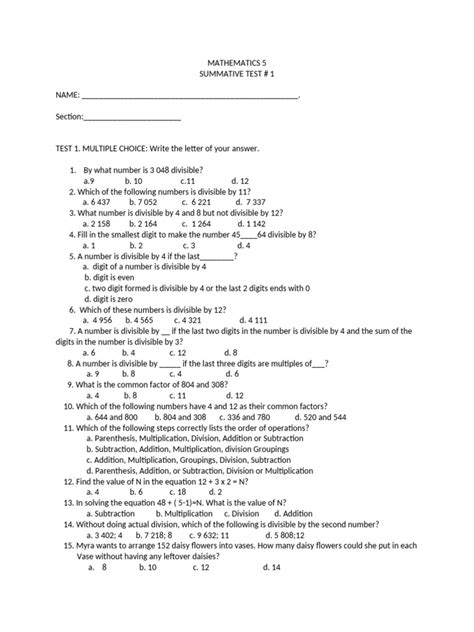Mathematics 5 Summative Test 1 Pdf Summation Arithmetic