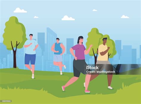 공원에서 달리는 마라톤 남자와 여자 달리기 경쟁 또는 마라톤 경주 포스터 건강한 라이프 스타일 및 스포츠 거리가 먼에 대한 스톡