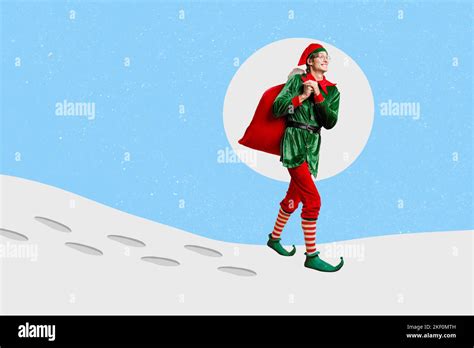 Creative Collage Picture Of Funky Elf Guy Carry Hold Presents Sack