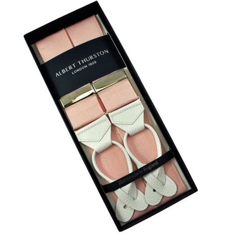 Albert Thurston Trouser Braces Plain Hydrangea Pink Woven Rigid Ribbon With White Leather Ends