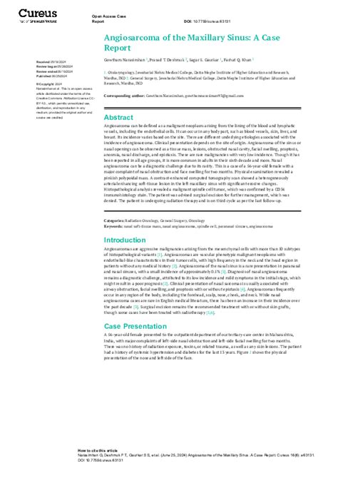 Pdf Angiosarcoma Of The Maxillary Sinus A Case Report