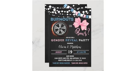 Burnouts Or Bows Gender Reveal Party Invitation Zazzle