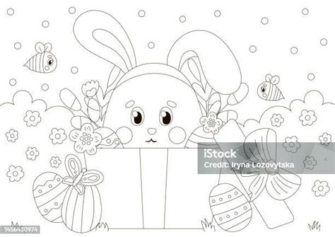 스칸디나비아 스타일의 꽃과 꿀벌이 있는 선물 상자에 토끼 캐릭터가 있는 부활절 휴일을 위한 귀여운 색칠 페이지 검은색에 대한 스톡 벡터 아트 및 기타 이미지 Istock
