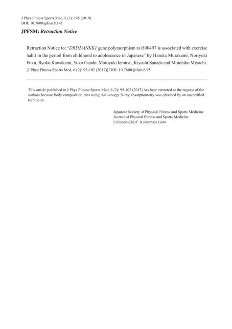 Pdf Retraction Notice To Drd2ankk1 Gene Polymorphism Rs1800497 Is Associated With Exercise