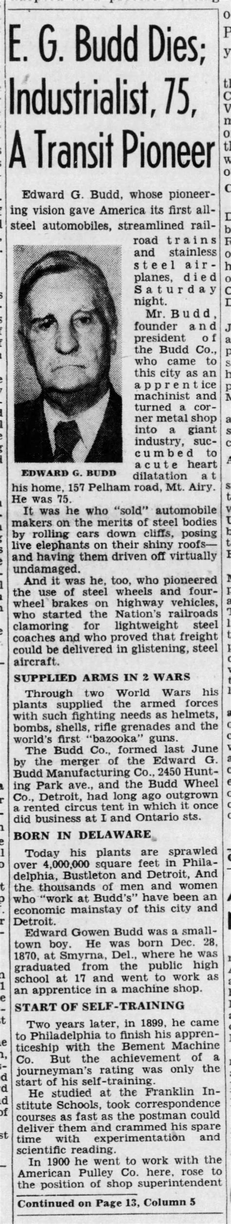 Eg Budd Dies Industrial 75 A Transit Pioneer 2 Dec 1946 The