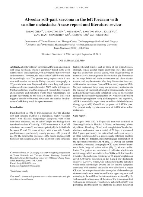 Pdf Alveolar Soft Part Sarcoma In The Left Forearm With Cardiac Metastasis A Case Report And