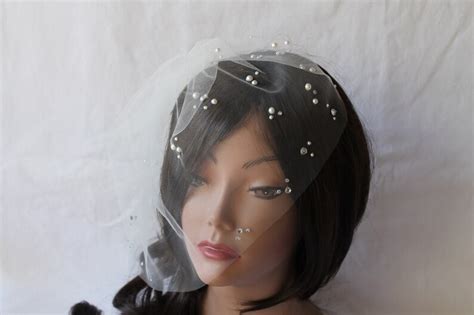 Bridal Mini Blusher Birdcage Wedge Tulle Veil With Pearls And