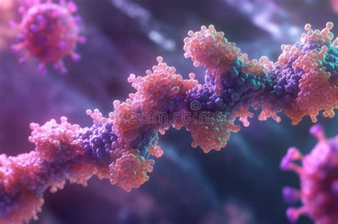 Close Up View Of A Molecular Rna Chain Surrounded By Various Viruses In