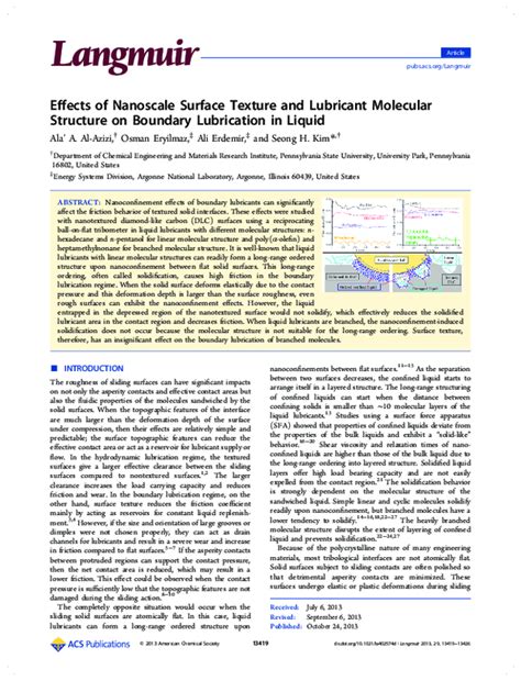 Pdf Effects Of Nanoscale Surface Texture And Lubricant Molecular Structure On Boundary