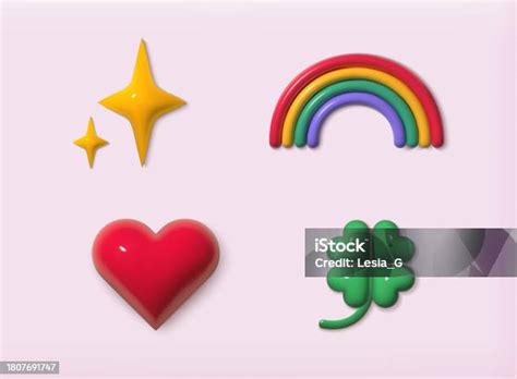 광택 아이콘 세트입니다 별 무지개 하트 그린 클로버 모바일 애플리케이션용 3d 벡터 일러스트레이션 입체 이미지에 대한 스톡 벡터 아트 및 기타 이미지 Istock