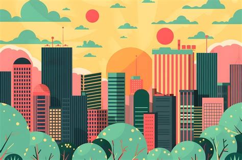 Flat Design Cityscape With Sun And Clouds Premium AI Generated Image
