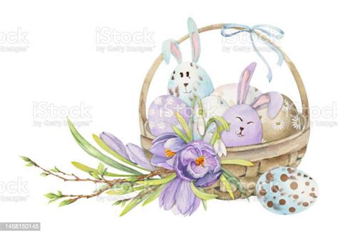 수채화 손으로 그린 부활절 축하 클립 아트 페인트 파스텔 계란 토끼 봄 꽃의 바구니입니다 흰색 배경에 격리 초대장 선물 인사말