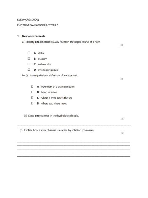 Geog Year 7 Exam Pdf River Morphology