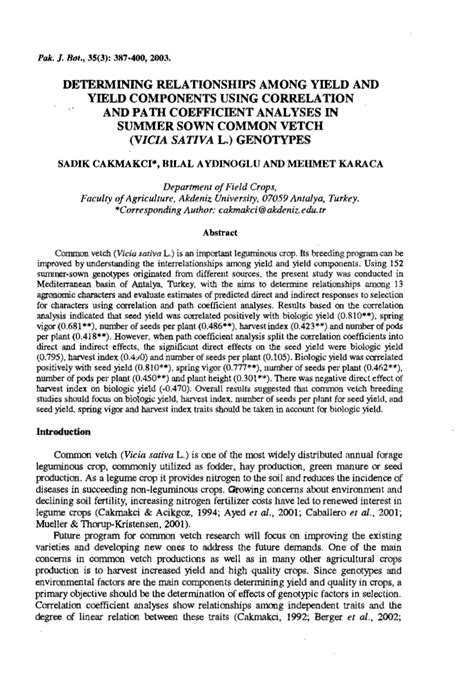 Pdf Determining Relationships Among Yield And Yield Components Using Correlation And Path