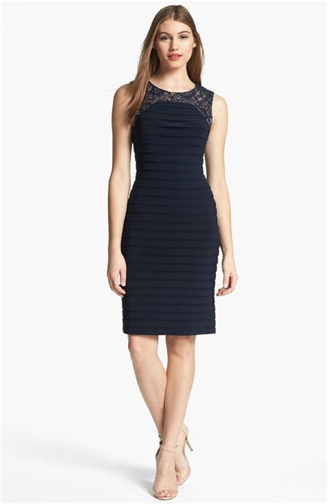 Adrianna Papell Blue Lace Yoke Shutter Pleat Sheath Dress Navy Petite