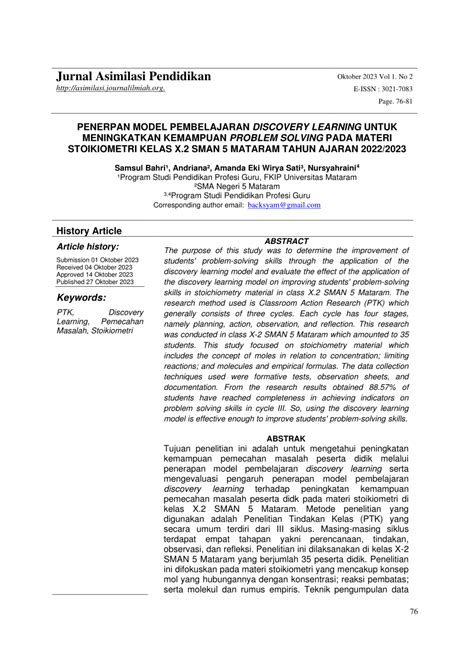 Pdf Penerpan Model Pembelajaran Discovery Learning Untuk Meningkatkan Kemampuan Problem