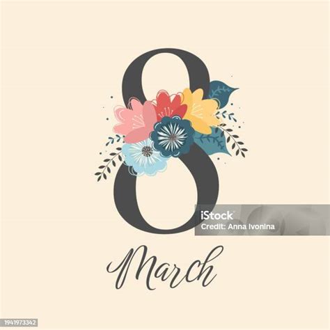 3월 8일 세계 여성의 날을 위한 엽서 귀여운 꽃을 가진 모습 벡터 0명에 대한 스톡 벡터 아트 및 기타 이미지 0명 3월