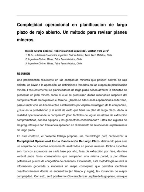 Complejidad Operacional En Planificación De Largo Plazo De Rajo Abierto Alvarez Martinez Vera