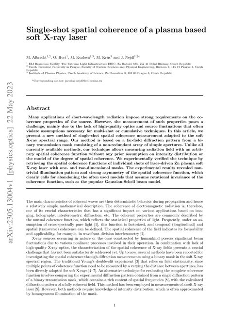 Pdf Single Shot Spatial Coherence Of A Plasma Based Soft X Ray Laser