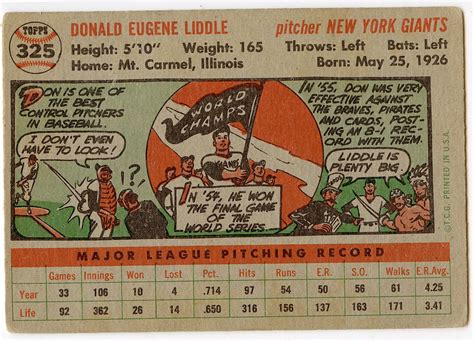 Lot Original 1956 Baseball Card Topps Don Liddle