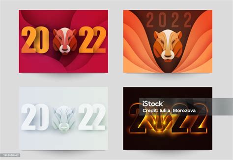 2022년 새해 복많은 중국 새해 현대 미니멀 페이퍼 컷 스타일로 호랑이 머리 컬렉션 추상적 인 디자인 배경 배너 커버 포스터 카드에 대한 템플릿 세트입니다 휴일 벡터