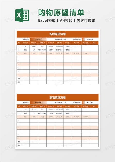 购物愿望清单excel模板下载 熊猫办公