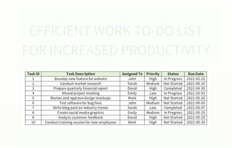 Efficient Work To-Do List For Increased Productivity Excel Template And Google Sheets File For ...