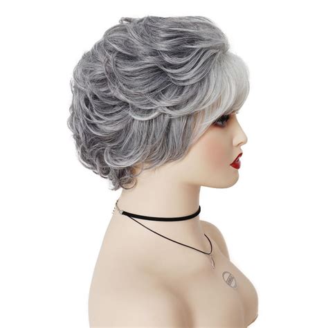 Gnimegil Short Grey Curly Wigs For White Women Sliver Gray Pixie Cut