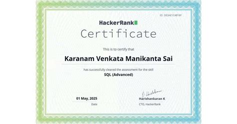 earned the hackerrank sql advanced certificate venkata manikanta
