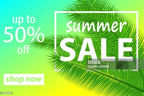 판매 배너 손바닥으로 나뭇잎 꽃 열 대 휴일 배경입니다 벡터 일러스트입니다 뜨거운 여름 판매 디자인 Eps 10입니다 3차원 형태에 대한 스톡 벡터 아트 및 기타 이미지