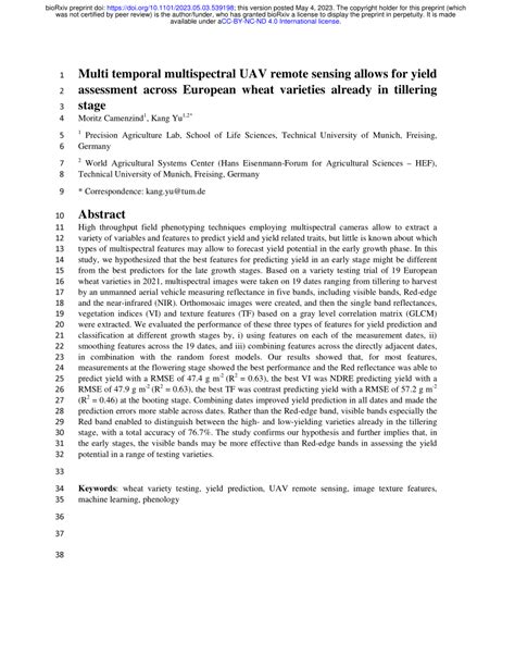 Pdf Multi Temporal Multispectral Uav Remote Sensing Allows For Yield Assessment Across