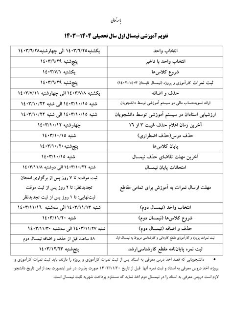 چارت تحصیلی و تقویم آموزشی گروه مهندسی و علوم کامپیوتر