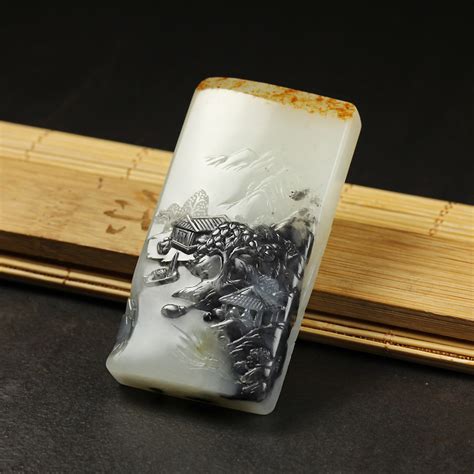 墨玉子料牌 渔舟唱晚 玉牌 玉界臻品玉雕艺术中心
