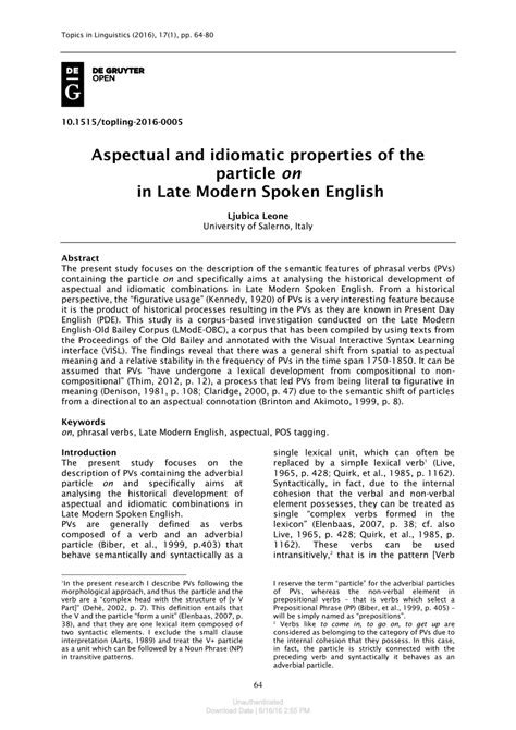Pdf Aspectual And Idiomatic Properties Of The Particle On In Late