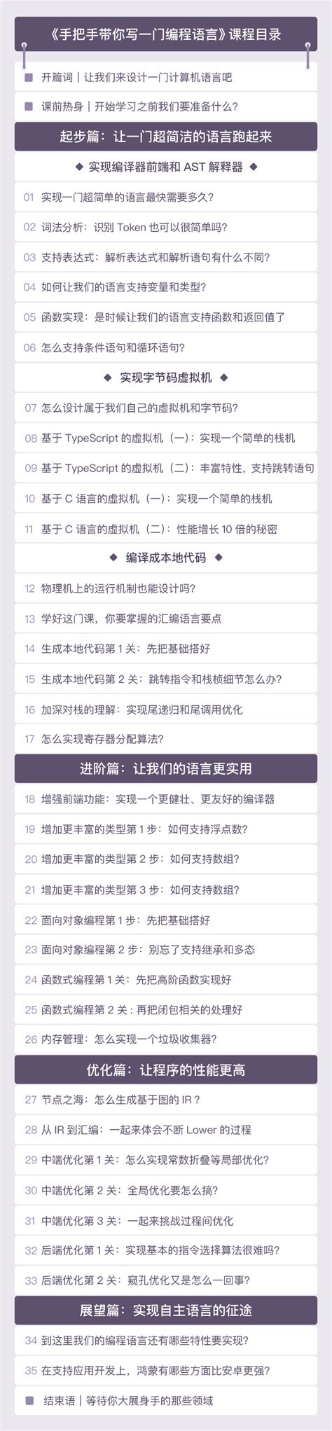 手把手教你写一门编程语言编程语言手把手编译原理编译技术运行时汇编语言宫文学后端虚拟机字节码tstypescript 极客时间