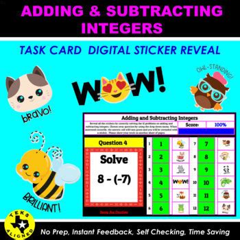 Adding And Subtracting Integers Task Cards Sticker Reveal TPT