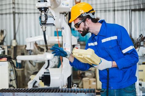 Premium Photo Engineer Controlling Robot Arm At Factory Checking The