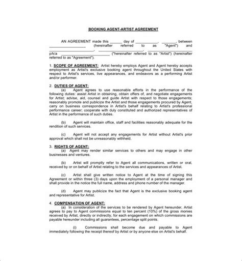 Artist Agent Contract Template Printable Word Searches