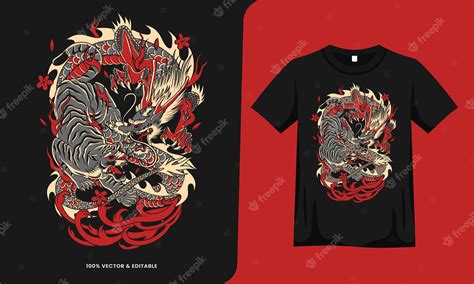 Premium Vector Tiger And Dragon Tattoo Japan Cartoon Design With
