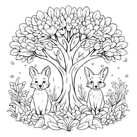Download Coloring Page Two Foxes Under A Tree With Flowers And Leaves