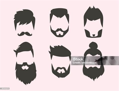 Hipster 복고풍 머리 스타일 콧수염 빈티지 오래 된 면도 남자 얼굴 수염 머리 절연 일러스트 레이 션의 벡터 세트 검은색에 대한 스톡 벡터 아트 및 기타 이미지