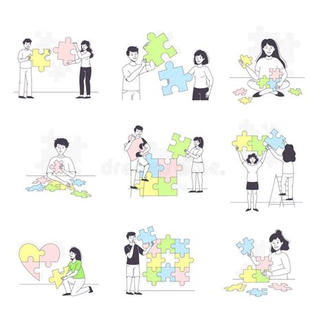 People Assembling Jigsaw Puzzle Connecting Mosaiced Pieces Together