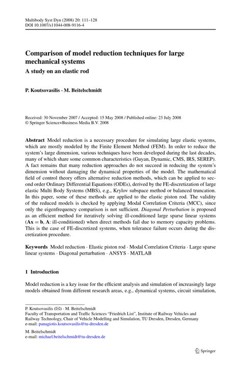PDF Comparison Of Model Reduction Techniques For Large Mechanical Systems A Study On An