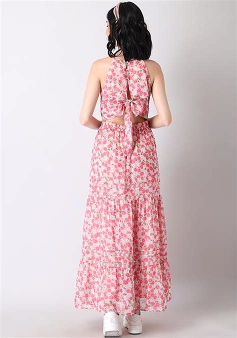 Buy Women Pink Floral Halter Back Tie Maxi Dress Date Night Dress
