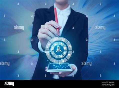 Lady Pressing Screen Of Mobile Phone Showing The Futuristic Technology Palm Tapping Cell Phone