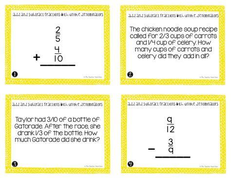Th Grade Add And Subtract Fractions With Unlike Denominators Task Cards The Teacher Next Door